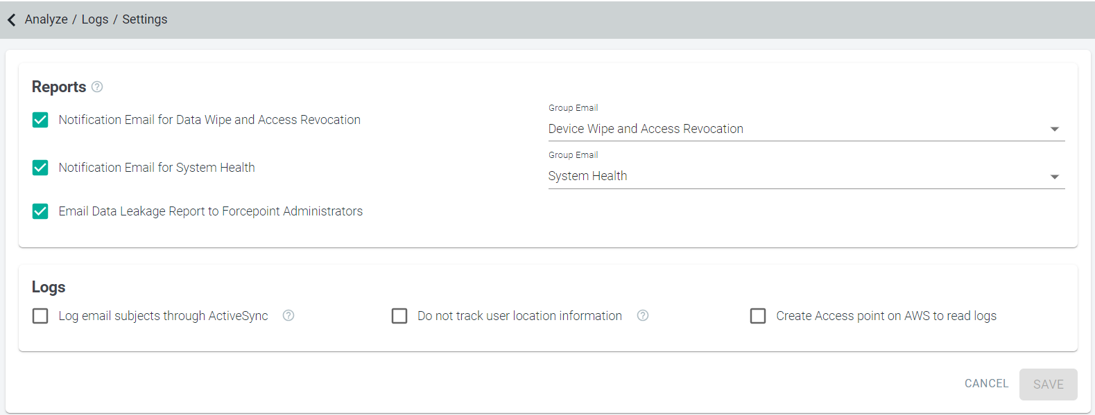 Configuring report and logging settings